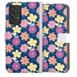 DeinDesign Galaxy A33 5G Handy Klapph&uuml;lle Handyh&uuml;lle aus Kunst Leder wei&szlig; Flip Case Flowers Muster Snoopy Sideflip mit Lasche