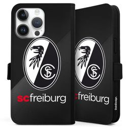 DeinDesign iPhone 14 Pro Max Handy Klapph&uuml;lle Handyh&uuml;lle aus Kunst Leder schwarz Flip Case Sc Freiburg Lettering Logo Sideflip mit Lasche