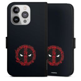 DeinDesign iPhone 14 Pro Handy Klapph&uuml;lle Handyh&uuml;lle aus Kunst Leder schwarz Flip Case Logo Marvel Deadpool Sideflip mit langer Lasche