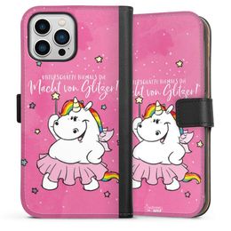 DeinDesign iPhone 13 Pro Max Handy Klapph&uuml;lle Handyh&uuml;lle aus Kunst Leder schwarz Flip Case Pummeleinhorn Official Licensed Product Pummel & Friends Sideflip mit 
