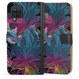 DeinDesign Galaxy A12 Handy Klapph&uuml;lle Handyh&uuml;lle aus Kunst Leder schwarz Flip Case Colourful Neon Flowers Sideflip mit langer Lasche