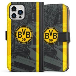 DeinDesign iPhone 13 Pro Max Handy Klapph&uuml;lle Handyh&uuml;lle aus Kunst Leder schwarz Flip Case Bvb Borussia Dortmund Stadium Sideflip mit langer Lasche