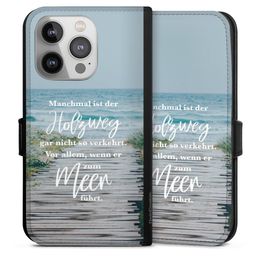DeinDesign iPhone 14 Pro Handy Klapph&uuml;lle Handyh&uuml;lle aus Kunst Leder schwarz Flip Case Statement Beach Spruch Sideflip mit langer Lasche