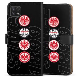DeinDesign Galaxy A22 5G Handy Klapph&uuml;lle Handyh&uuml;lle aus Kunst Leder schwarz Flip Case Eagle Eintracht Frankfurt Logo Sideflip mit langer Lasche