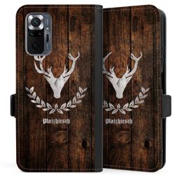 DeinDesign Xiaomi Redmi Note 10 Pro Handy Klapph&uuml;lle Handyh&uuml;lle aus Kunst Leder schwarz Flip Case Wood Wooden Look Deer Sideflip mit langer Lasche