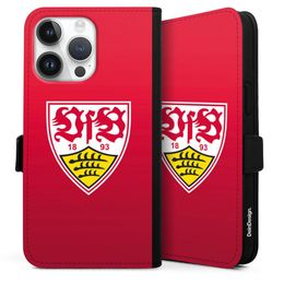DeinDesign iPhone 14 Pro Max Handy Klapph&uuml;lle Handyh&uuml;lle aus Kunst Leder schwarz Flip Case Logo Official Licensed Product Vfb Stuttgart Sideflip mit Lasche