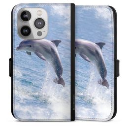 DeinDesign iPhone 14 Pro Handy Klapph&uuml;lle Handyh&uuml;lle aus Kunst Leder schwarz Flip Case Wale Ocean Dolphin Sideflip mit langer Lasche