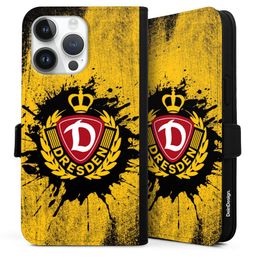 DeinDesign iPhone 14 Pro Max Handy Klapph&uuml;lle Handyh&uuml;lle aus Kunst Leder schwarz Flip Case Official Licensed Product Soccer Sg Dynamo Dresden Sideflip mit Lasche