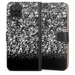DeinDesign Galaxy A12 Handy Klapph&uuml;lle Handyh&uuml;lle aus Kunst Leder schwarz Flip Case Glitzer Snowflake Muster Sideflip mit langer Lasche