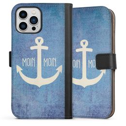 DeinDesign iPhone 13 Pro Max Handy Klapph&uuml;lle Handyh&uuml;lle aus Kunst Leder schwarz Flip Case Anchor Maritim Blue Sideflip mit langer Lasche