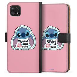 DeinDesign Galaxy A22 5G Handy Klapph&uuml;lle Handyh&uuml;lle aus Kunst Leder schwarz Flip Case Disney Sayings Lilo & Stitch Sideflip mit langer Lasche