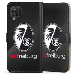 DeinDesign Galaxy A12 Handy Klapph&uuml;lle Handyh&uuml;lle aus Kunst Leder schwarz Flip Case Sc Freiburg Lettering Logo Sideflip mit langer Lasche