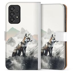 DeinDesign Galaxy A33 5G Handy Klapph&uuml;lle Handyh&uuml;lle aus Kunst Leder wei&szlig; Flip Case Nature Mountain Fox Sideflip mit Lasche