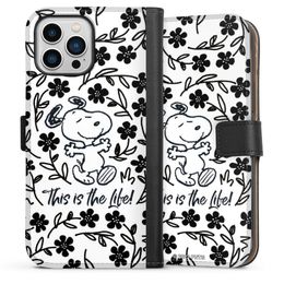DeinDesign iPhone 13 Pro Max Handy Klapph&uuml;lle Handyh&uuml;lle aus Kunst Leder schwarz Flip Case Peanuts Flowers Snoopy Sideflip mit langer Lasche