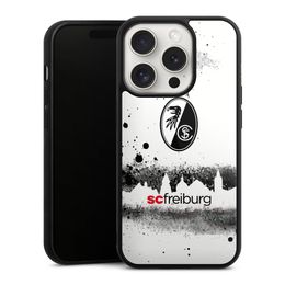 DeinDesign iPhone 15 Pro Handy Gallery Case Handyh&uuml;lle 9H Geh&auml;rtetes Glas R&uuml;ckseite H&uuml;lle Skyline Sc Freiburg Logo Gallery Case