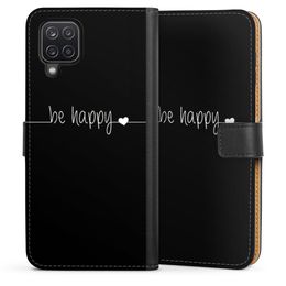 DeinDesign Galaxy A12 Handy Klapph&uuml;lle Handyh&uuml;lle aus Kunst Leder schwarz Flip Case Sayings Happiness Statement Sideflip mit langer Lasche