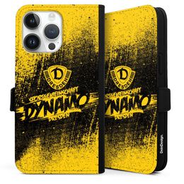 DeinDesign iPhone 14 Pro Max Handy Klapph&uuml;lle Handyh&uuml;lle aus Kunst Leder schwarz Flip Case Logo Official Licensed Product Sg Dynamo Dresden Sideflip mit Lasche