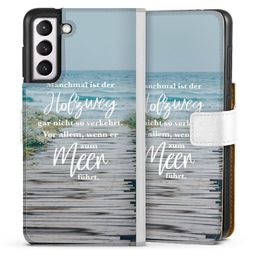 DeinDesign Galaxy S21 5G Handy Klapph&uuml;lle Handyh&uuml;lle aus Kunst Leder wei&szlig; Flip Case Statement Beach Spruch Sideflip mit Lasche