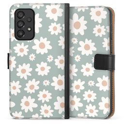 DeinDesign Galaxy A33 5G Handy Klapph&uuml;lle Handyh&uuml;lle aus Kunst Leder schwarz Flip Case Daisy Muster Flowers Sideflip mit langer Lasche
