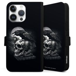 DeinDesign iPhone 14 Pro Max Handy Klapph&uuml;lle Handyh&uuml;lle aus Kunst Leder schwarz Flip Case Raven Skulls Skull Sideflip mit Lasche