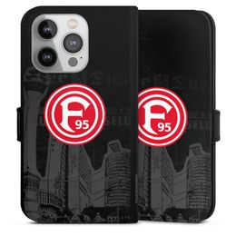 DeinDesign iPhone 14 Pro Handy Klapph&uuml;lle Handyh&uuml;lle aus Kunst Leder schwarz Flip Case Official Licensed Product Logo Fortuna D&uuml;sseldorf Sideflip mit langer 