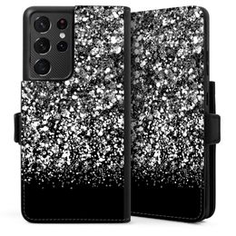 DeinDesign Galaxy S21 Ultra 5G Handy Klapph&uuml;lle Handyh&uuml;lle aus Kunst Leder schwarz Flip Case Muster Snowflake Glitzer Sideflip mit Lasche