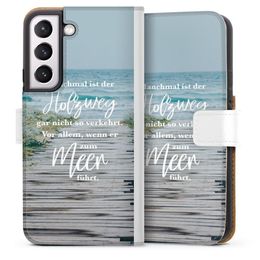 DeinDesign Galaxy S22 Handy Klapph&uuml;lle Handyh&uuml;lle aus Kunst Leder wei&szlig; Flip Case Statement Beach Spruch Sideflip mit Lasche