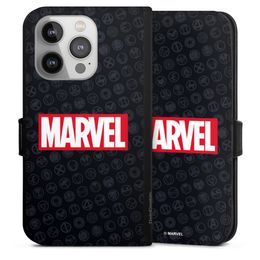DeinDesign iPhone 14 Pro Handy Klapph&uuml;lle Handyh&uuml;lle aus Kunst Leder schwarz Flip Case Logo Marvel Comic Sideflip mit langer Lasche