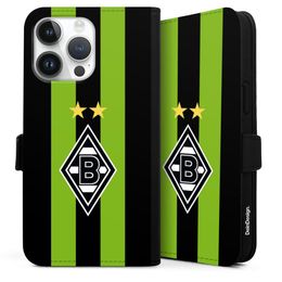 DeinDesign iPhone 14 Pro Max Handy Klapph&uuml;lle Handyh&uuml;lle aus Kunst Leder schwarz Flip Case Stripes Borussia M&ouml;nchengladbach Gladbach Sideflip mit Lasche