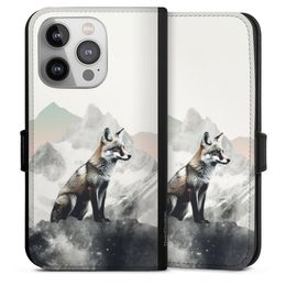 DeinDesign iPhone 14 Pro Handy Klapph&uuml;lle Handyh&uuml;lle aus Kunst Leder schwarz Flip Case Nature Mountain Fox Sideflip mit langer Lasche