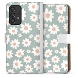DeinDesign Galaxy A33 5G Handy Klapph&uuml;lle Handyh&uuml;lle aus Kunst Leder wei&szlig; Flip Case Daisy Muster Flowers Sideflip mit Lasche