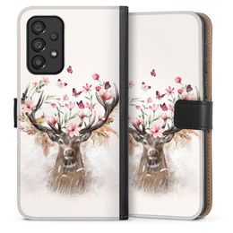 DeinDesign Galaxy A33 5G Handy Klapph&uuml;lle Handyh&uuml;lle aus Kunst Leder schwarz Flip Case Flowers Deer Animals Sideflip mit langer Lasche