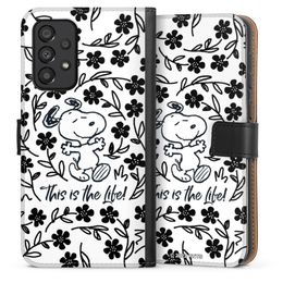 DeinDesign Galaxy A33 5G Handy Klapph&uuml;lle Handyh&uuml;lle aus Kunst Leder schwarz Flip Case Peanuts Flowers Snoopy Sideflip mit langer Lasche