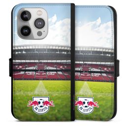 DeinDesign iPhone 14 Pro Handy Klapph&uuml;lle Handyh&uuml;lle aus Kunst Leder schwarz Flip Case Stadium Rb Leipzig Official Licensed Product Sideflip mit langer Lasche