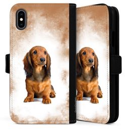 DeinDesign iPhone X Handy Klapph&uuml;lle Handyh&uuml;lle aus Kunst Leder schwarz Flip Case Pet Dachshund Dog Sideflip mit langer Lasche