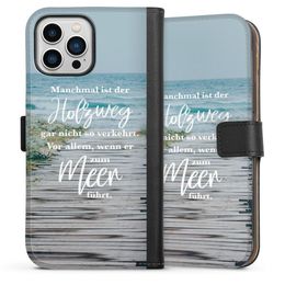 DeinDesign iPhone 13 Pro Max Handy Klapph&uuml;lle Handyh&uuml;lle aus Kunst Leder schwarz Flip Case Statement Beach Spruch Sideflip mit langer Lasche
