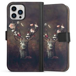 DeinDesign iPhone 13 Pro Max Handy Klapph&uuml;lle Handyh&uuml;lle aus Kunst Leder schwarz Flip Case Reindeer Flowers Rehe Sideflip mit langer Lasche