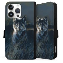 DeinDesign iPhone 14 Pro Max Handy Klapph&uuml;lle Handyh&uuml;lle aus Kunst Leder schwarz Flip Case Wolf Painting Nature Sideflip mit Lasche