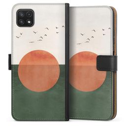 DeinDesign Galaxy A22 5G Handy Klapph&uuml;lle Handyh&uuml;lle aus Kunst Leder schwarz Flip Case Sunset Bird Sunshine Sideflip mit langer Lasche