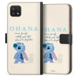 DeinDesign Galaxy A22 5G Handy Klapph&uuml;lle Handyh&uuml;lle aus Kunst Leder schwarz Flip Case Disney Official Licensed Product Lilo & Stitch Sideflip mit langer Lasche