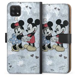 DeinDesign Galaxy A22 5G Handy Klapph&uuml;lle Handyh&uuml;lle aus Kunst Leder schwarz Flip Case Vintage Disney Sideflip mit langer Lasche