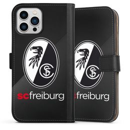DeinDesign iPhone 13 Pro Max Handy Klapph&uuml;lle Handyh&uuml;lle aus Kunst Leder schwarz Flip Case Sc Freiburg Lettering Logo Sideflip mit langer Lasche