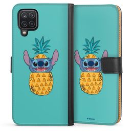 DeinDesign Galaxy A12 Handy Klapph&uuml;lle Handyh&uuml;lle aus Kunst Leder schwarz Flip Case Disney Lilo & Stitch Pineapple Sideflip mit langer Lasche