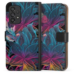 DeinDesign Galaxy A53 5G Handy Klapph&uuml;lle Handyh&uuml;lle aus Kunst Leder schwarz Flip Case Colourful Neon Flowers Sideflip mit langer Lasche