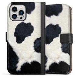 DeinDesign iPhone 13 Pro Max Handy Klapph&uuml;lle Handyh&uuml;lle aus Kunst Leder schwarz Flip Case Animal Look Animal Print Cow Skin Sideflip mit langer Lasche