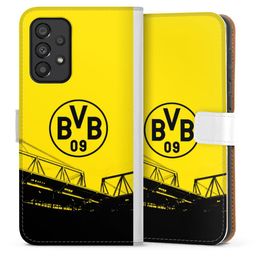 DeinDesign Galaxy A33 5G Handy Klapph&uuml;lle Handyh&uuml;lle aus Kunst Leder wei&szlig; Flip Case Bvb Borussia Dortmund Merchandise Sideflip mit Lasche