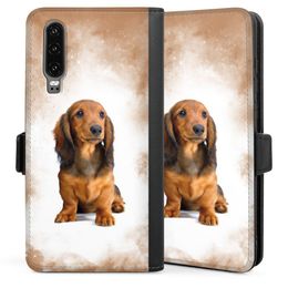 DeinDesign Huawei P30 Handy Klapph&uuml;lle Handyh&uuml;lle aus Kunst Leder schwarz Flip Case Pet Dachshund Dog Sideflip mit langer Lasche