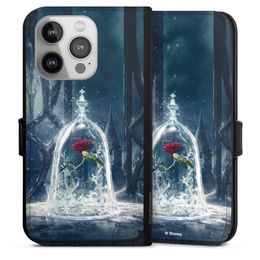 DeinDesign iPhone 14 Pro Handy Klapph&uuml;lle Handyh&uuml;lle aus Kunst Leder schwarz Flip Case Rose The Beauty And The Beast Disney Princess Sideflip mit langer Lasche