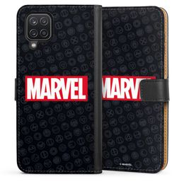 DeinDesign Galaxy A12 Handy Klapph&uuml;lle Handyh&uuml;lle aus Kunst Leder schwarz Flip Case Logo Comic Marvel Sideflip mit langer Lasche