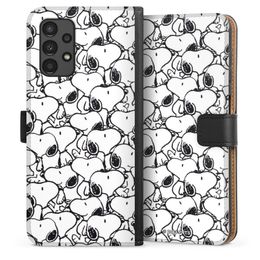 DeinDesign Galaxy A13 4G Handy Klapph&uuml;lle Handyh&uuml;lle aus Kunst Leder schwarz Flip Case Peanuts Snoopy Muster Sideflip mit langer Lasche